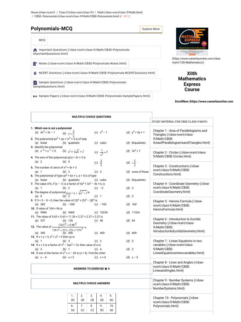 CBSE 9, Math, CBSE - Polynomials, MCQ | PDF | Mathematics | Algebra