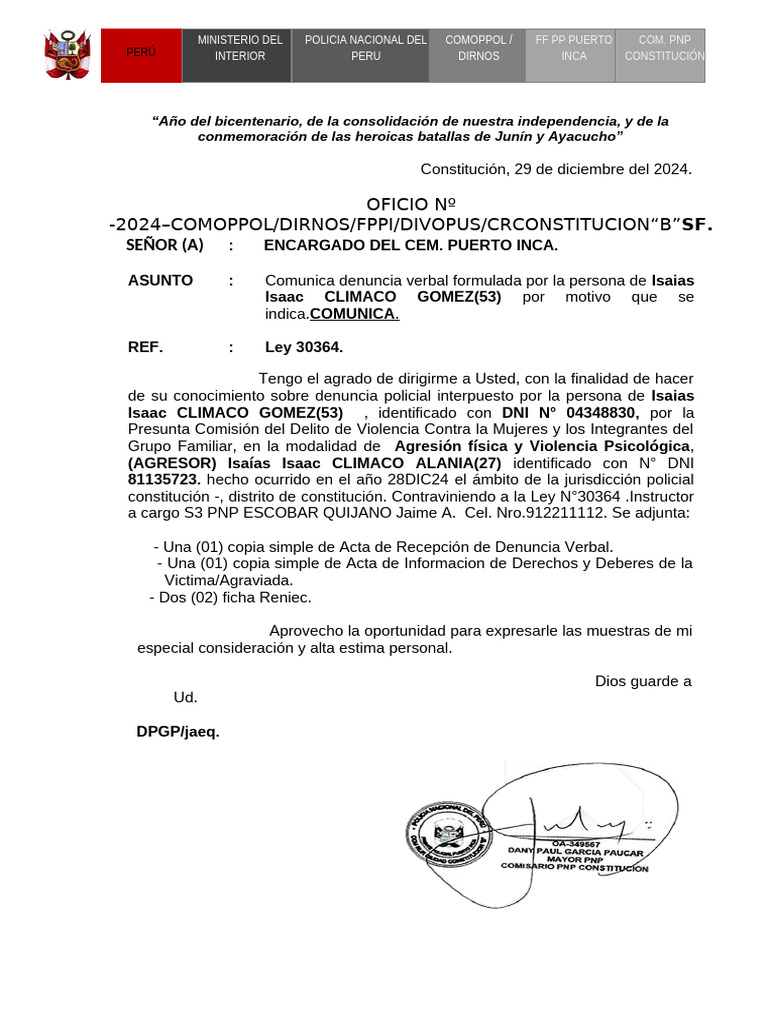 Oficio Comunicando Al CEM Climaco | PDF | Justicia | Crimen y violencia