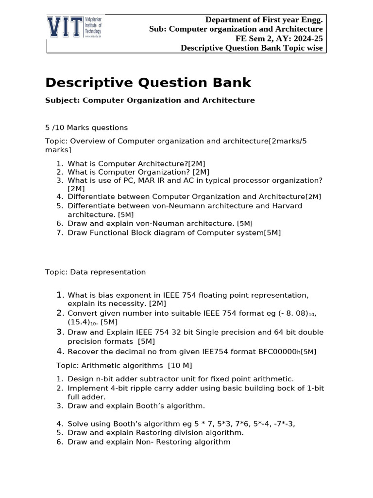 COA_ Question bank_descriptive_New_2024_25 | PDF | Cpu Cache | Computer Science