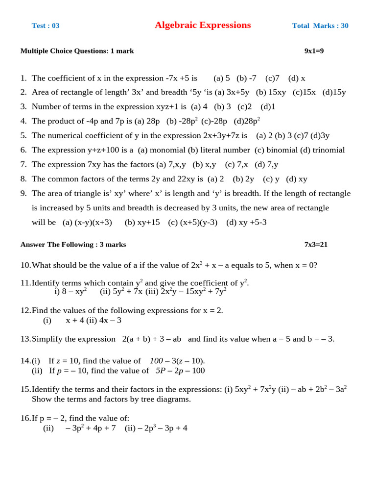 Algebraic Expressions Test Questions | PDF