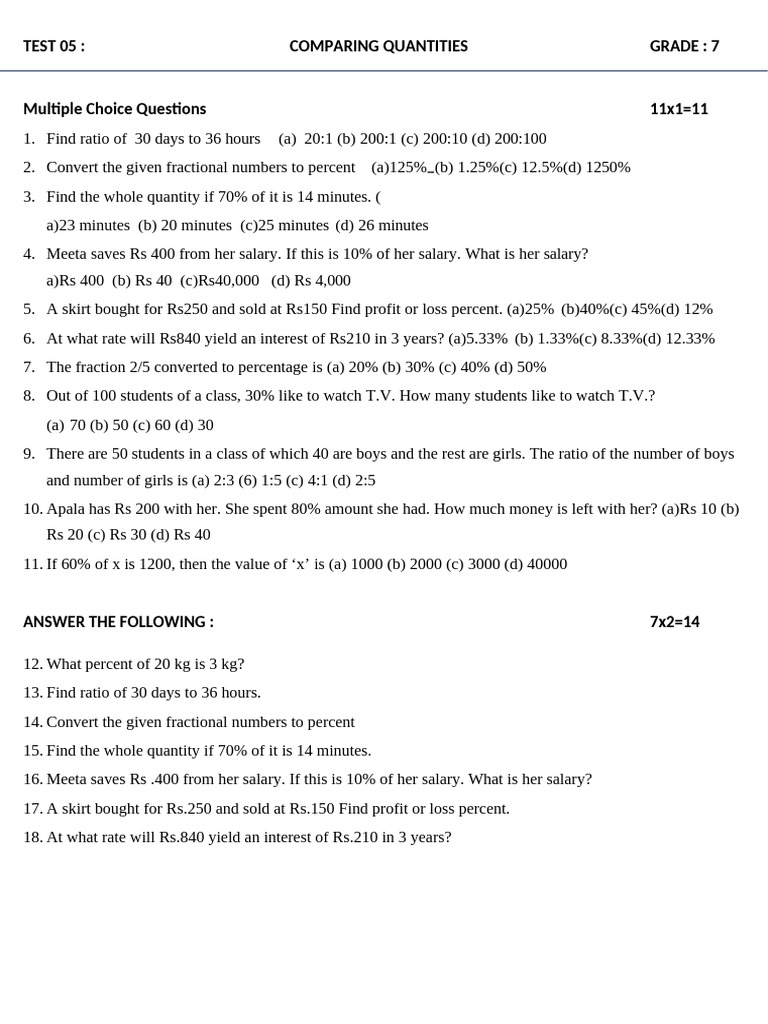 Test 5 Comparing Quantities | PDF
