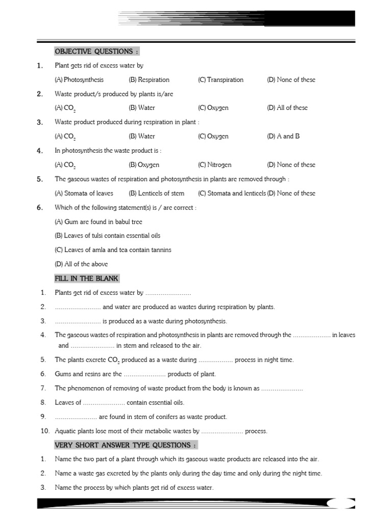 Excretion in Plants Questions | PDF | Excretion | Plants