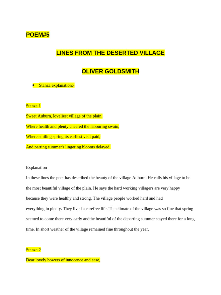 Poem Lines From A Deserted Village | PDF | Poetry