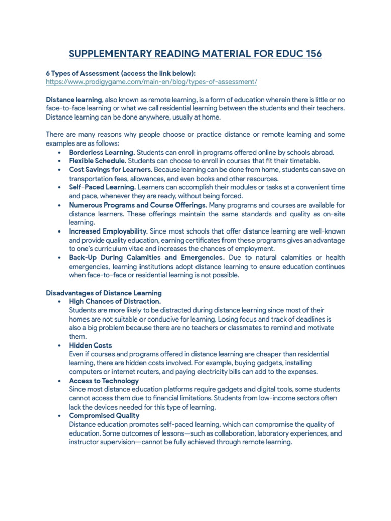 SUPPLEMENTARY-READING-MATERIAL-FOR-EDUC-156 | PDF | Distance Education | Copyright
