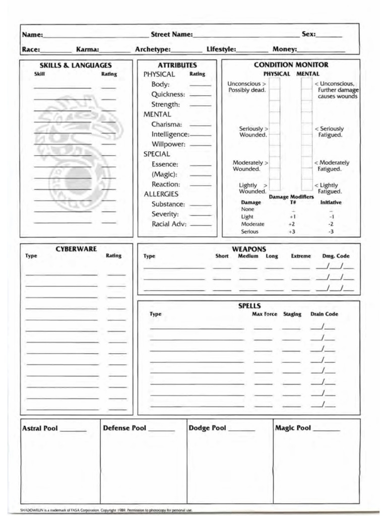 Shadowrun Character Sheet 1e | PDF