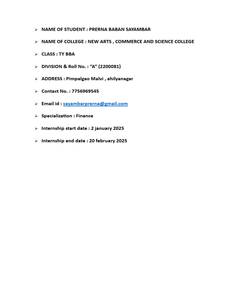 Prerna Sayambar's Finance Internship Details | PDF