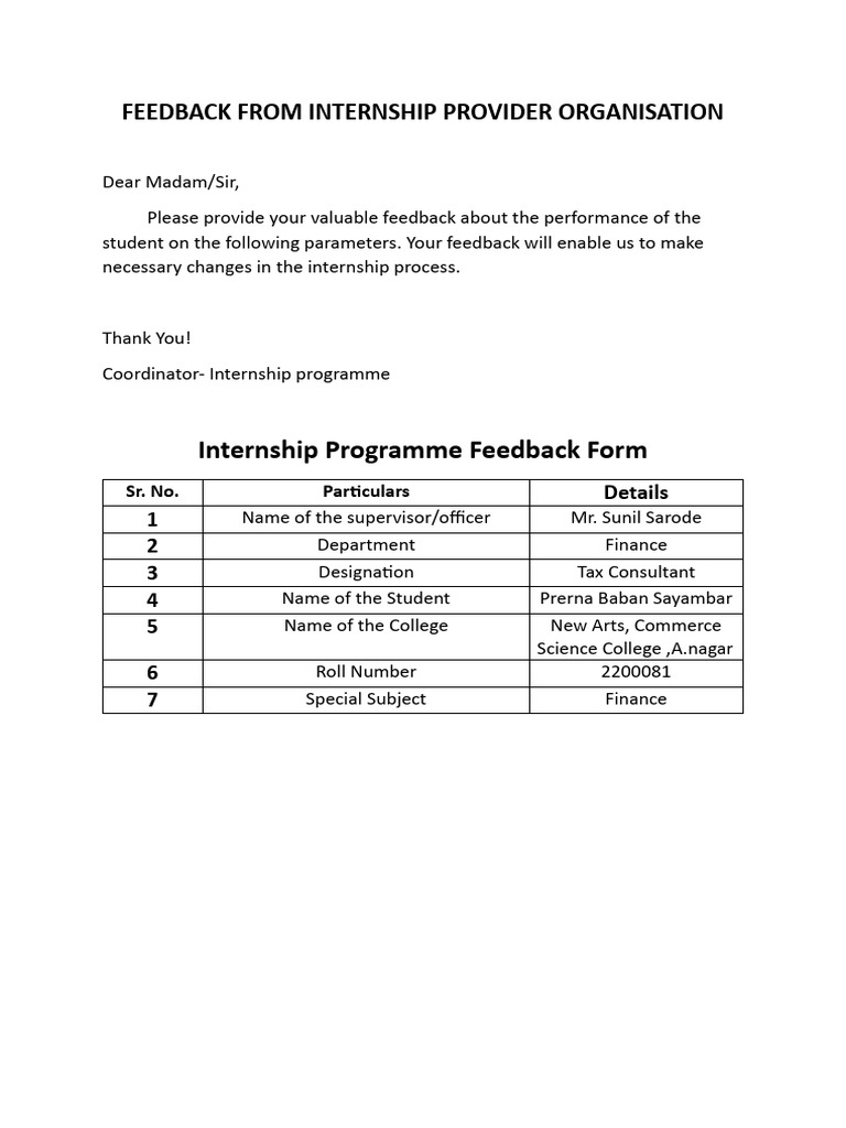 Feedback From Internship Provider Organisation | PDF