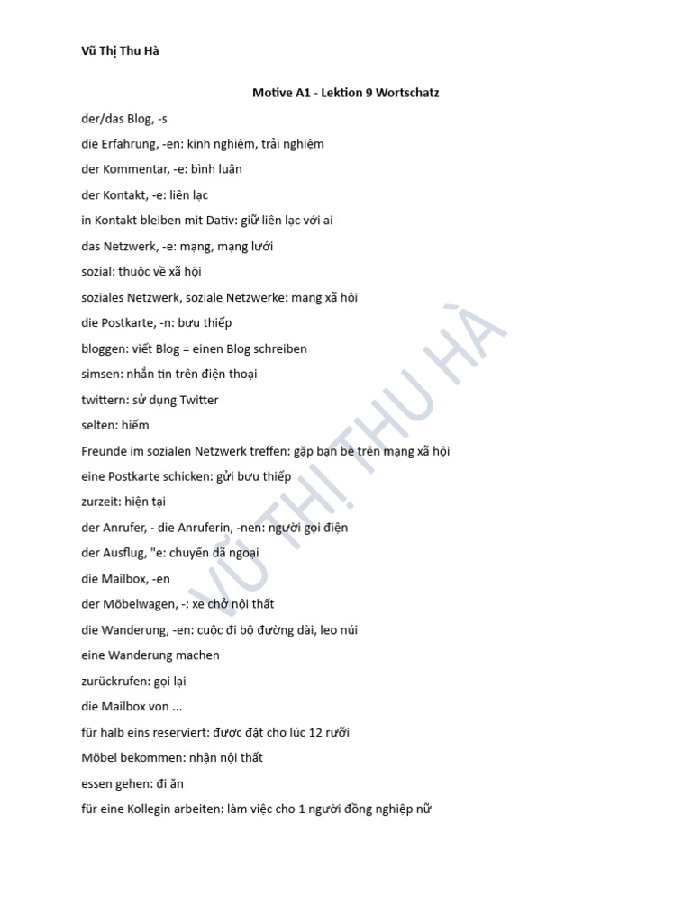 Motive A1. Lektion 9 Wortschatz | PDF