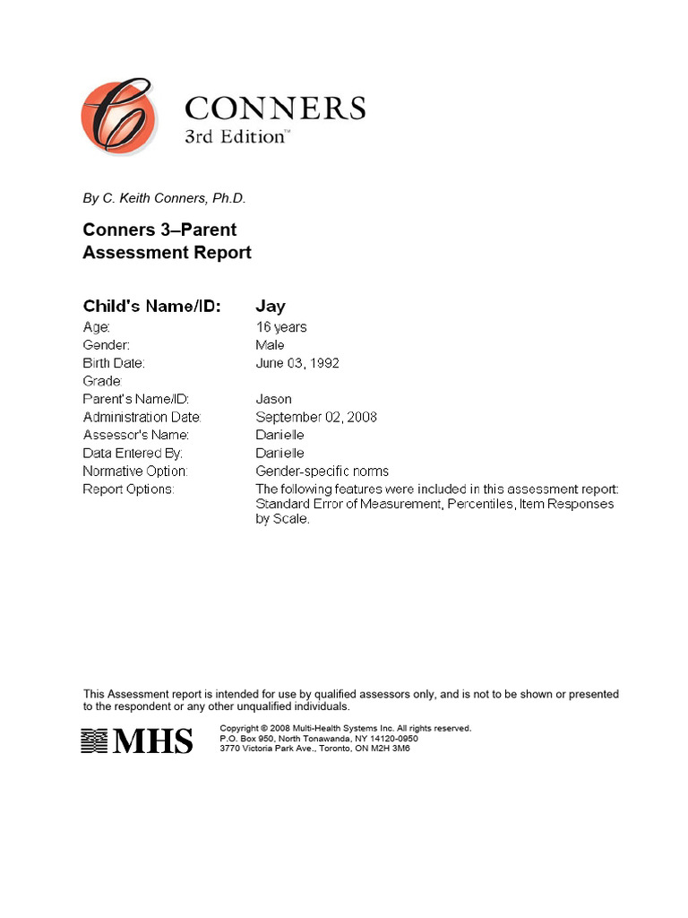 Sample Conners Rating Scale | PDF | Diagnostic And Statistical Manual ...