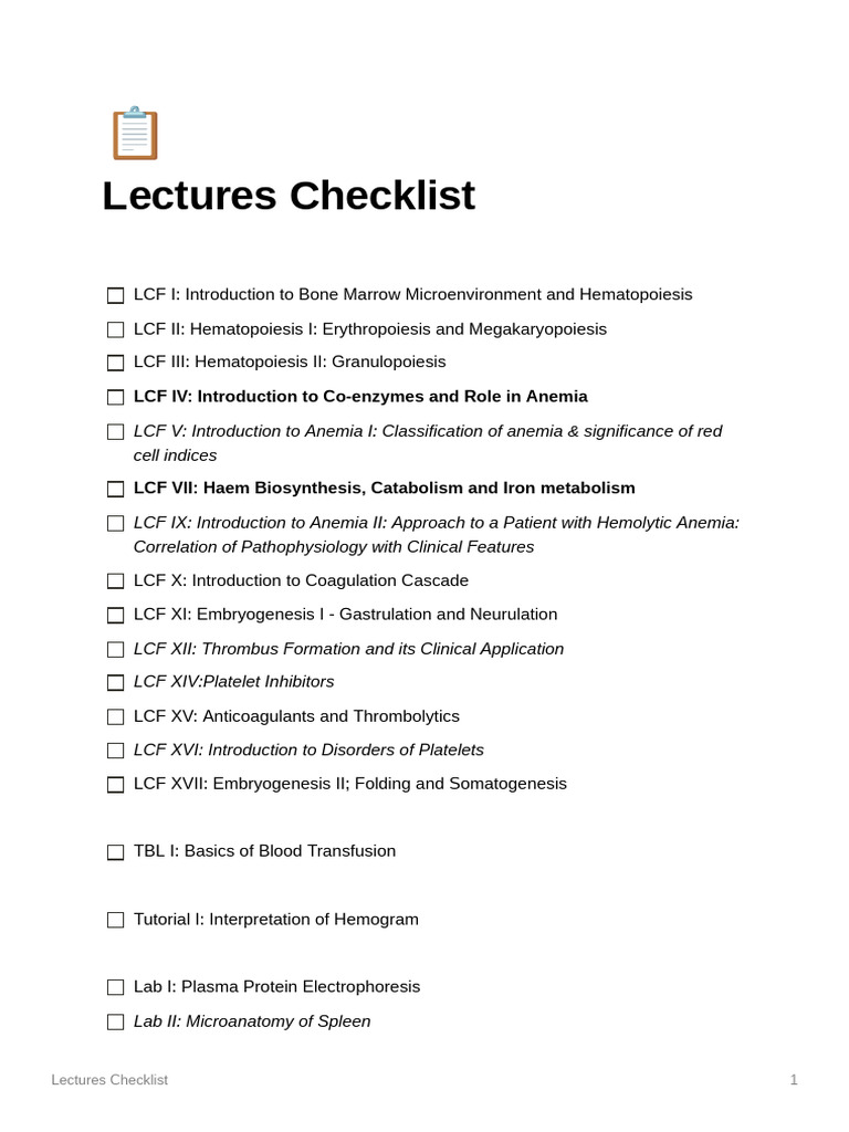 Blood Lectures Checklist | PDF