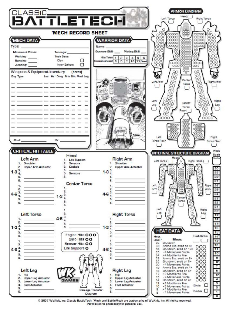 Blank Mech Record Sheet (TechManual) | PDF
