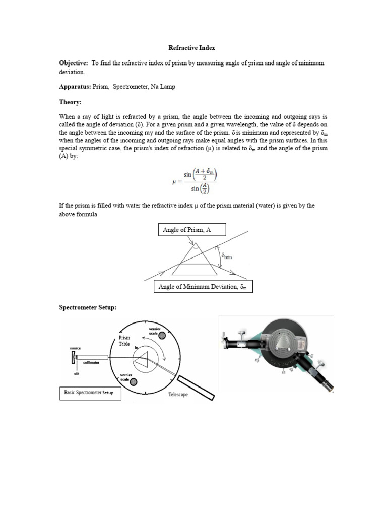 Refractive Index of Prism Using Spectrometer | PDF | Refraction | Refractive Index