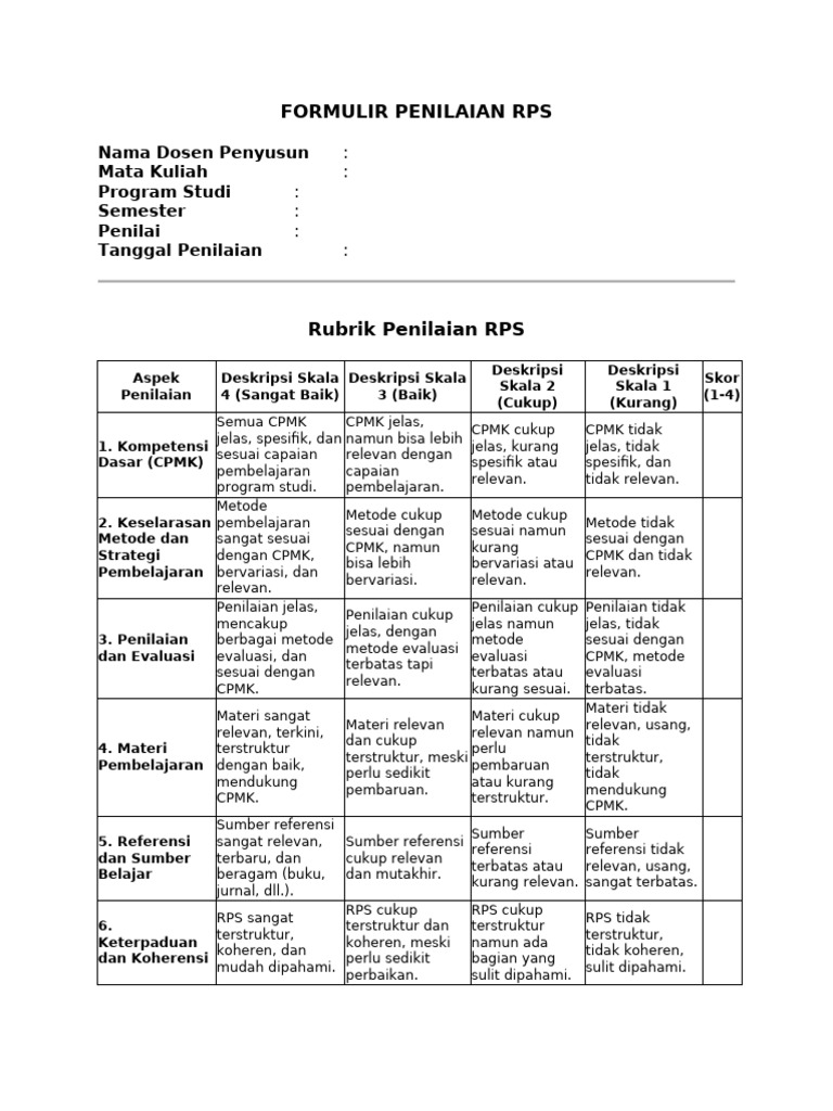 Formulir Penilaian RPS | PDF