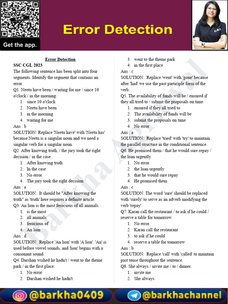 064) Error Detection (English) | PDF | Verb | Nursing