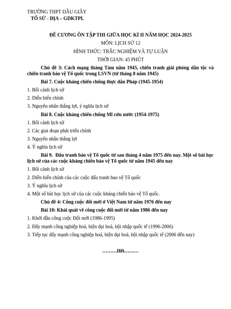 ĐỀ CƯƠNG SỬ 12 GKÌ 2 2024-2025 | PDF