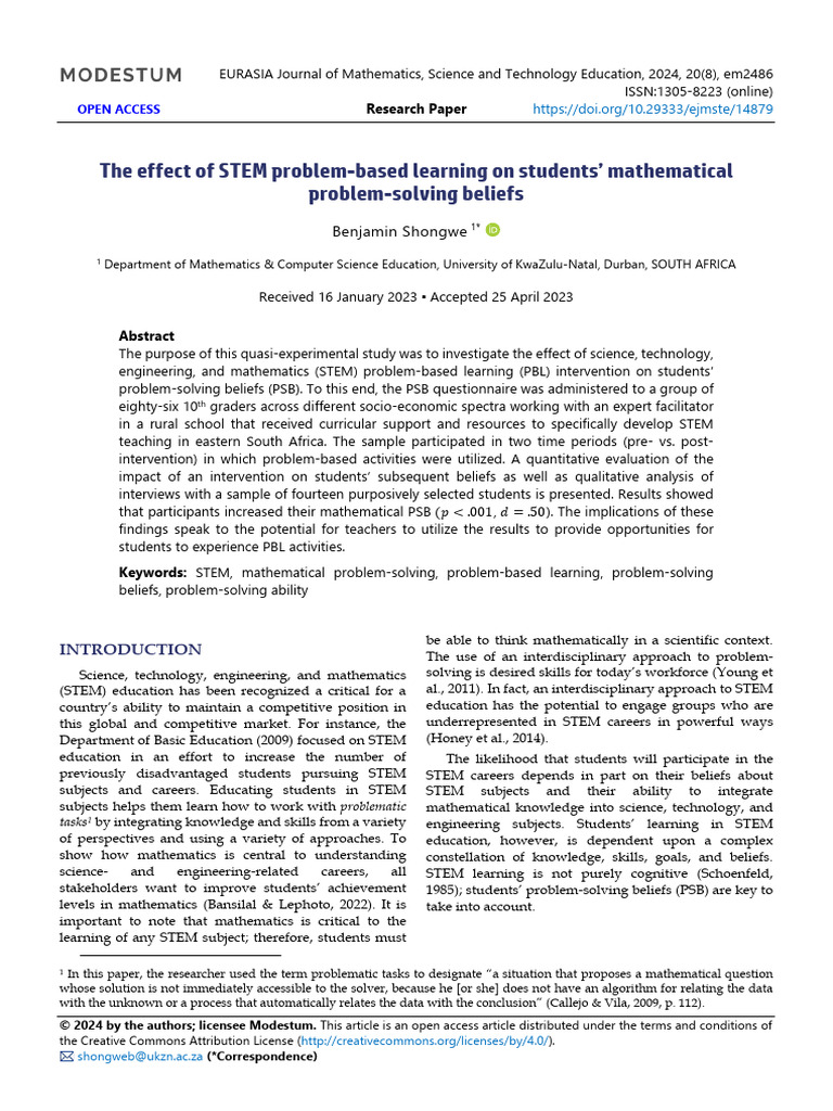 The Effect of Stem Problem Based Learning On Students Mathematical Problem Solving Beliefs 14879 ...
