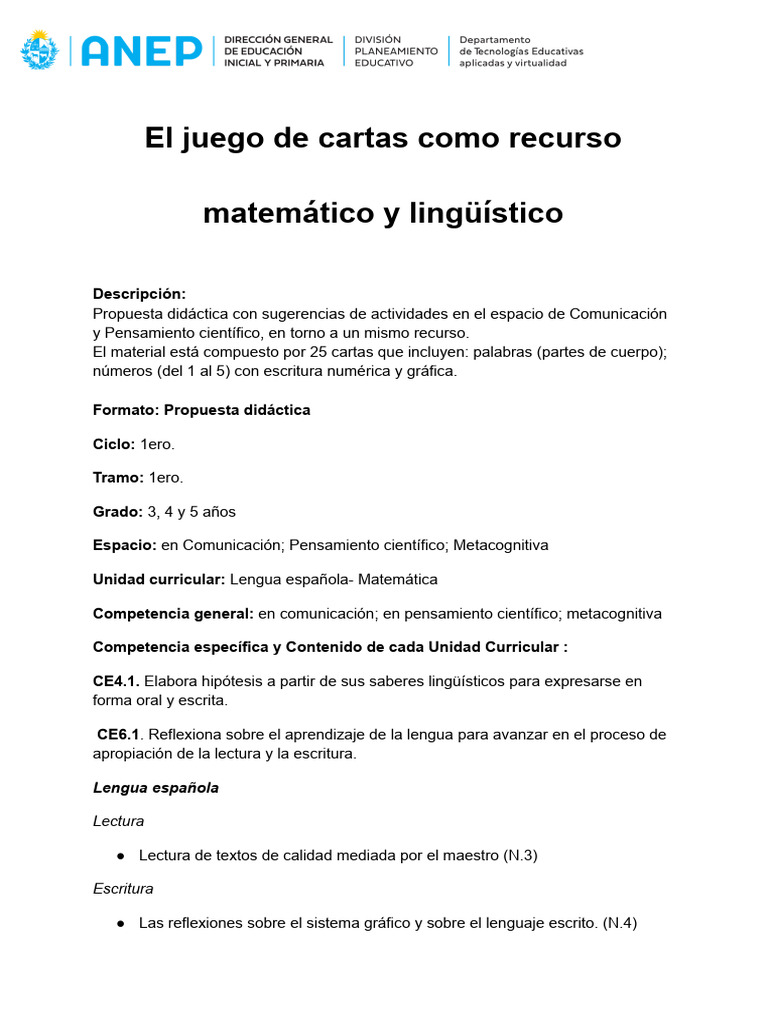 El Juego de Cartas Como Recurso Matemático y Lingüístico | PDF ...