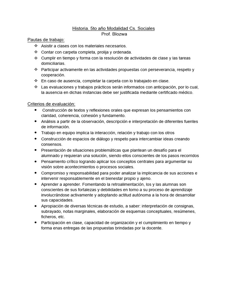 Historia. 5to Año. Pautas y Criterios | PDF