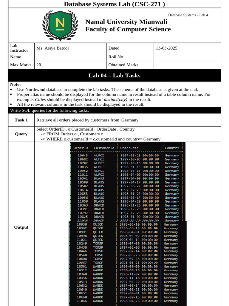 DB - Lab 4 - Lab Tasks | PDF