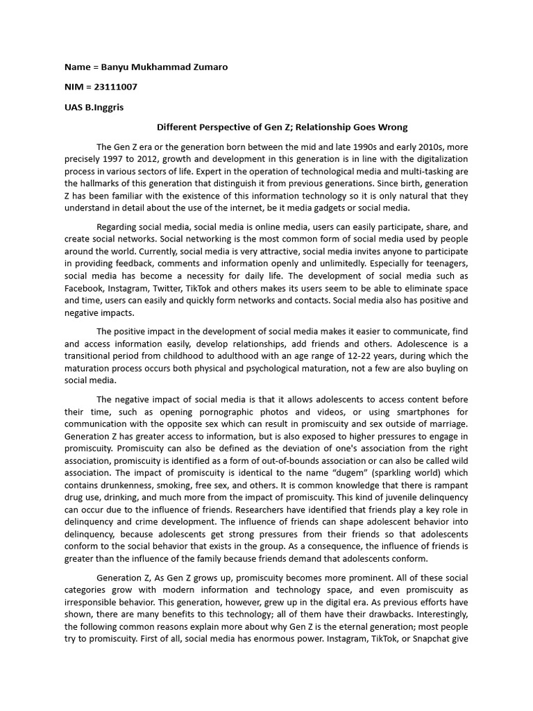 Banyu UAS B Inggris GenZ | PDF | Adolescence | Sex Education