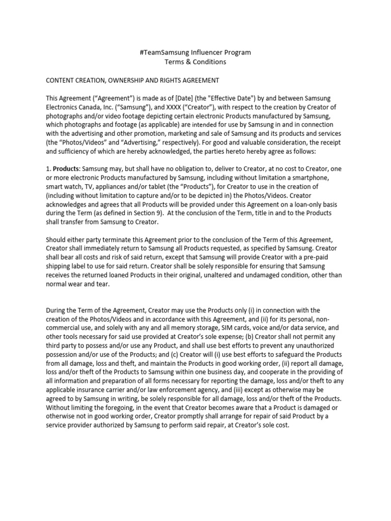 TeamSamsung Influencer Program Terms | PDF | Indemnity | Copyright