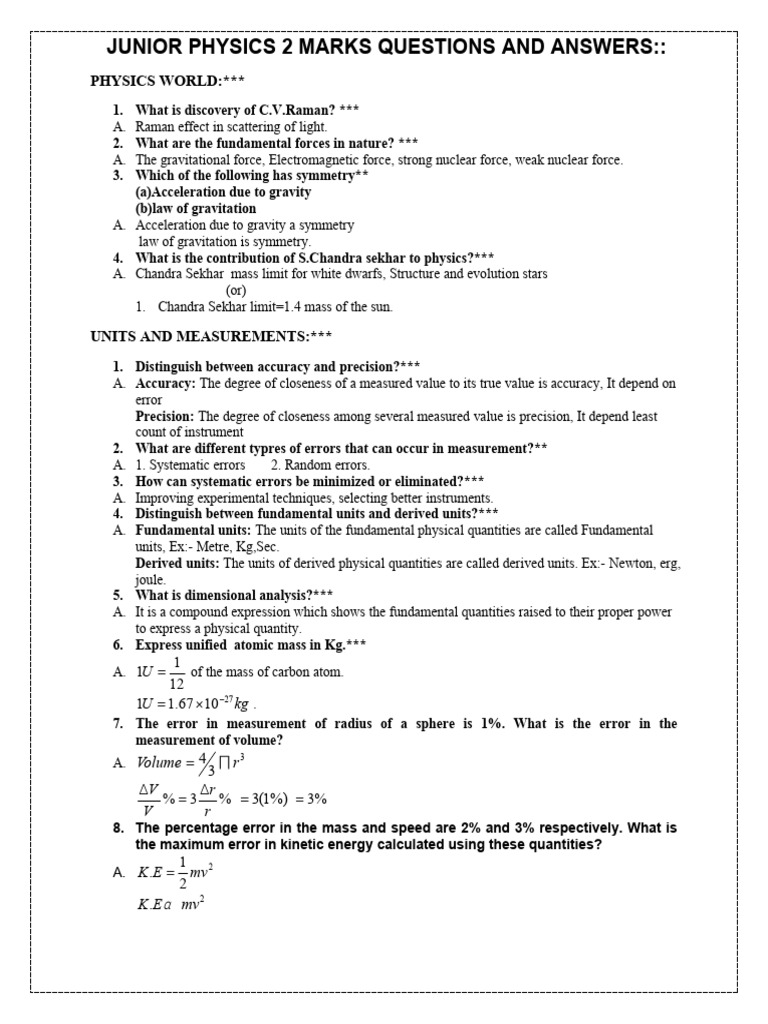 Jr Inter Physics Junior 2 Marks 10-9-19 | PDF | Force | Gases