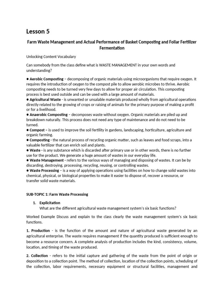 Lesson 5 Managing Farm Waste | PDF | Compost | Waste