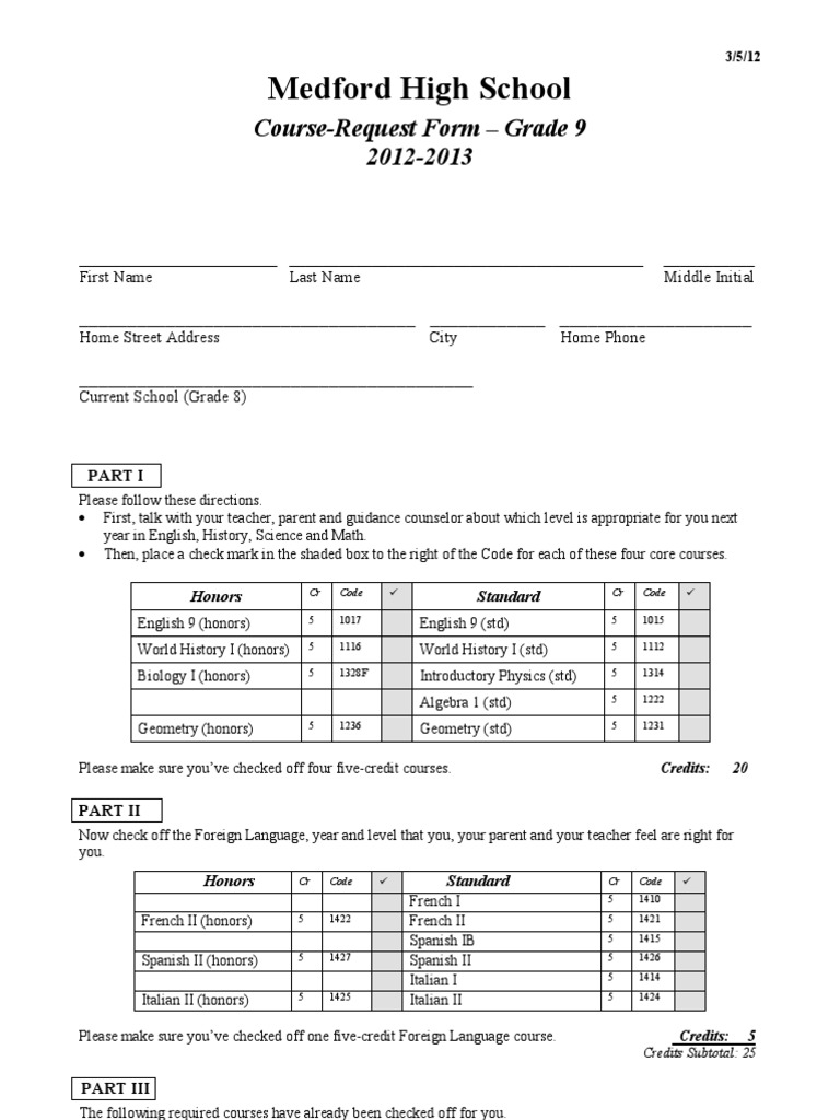 Medford High School Grade 9 Course Request | PDF | Special Education ...