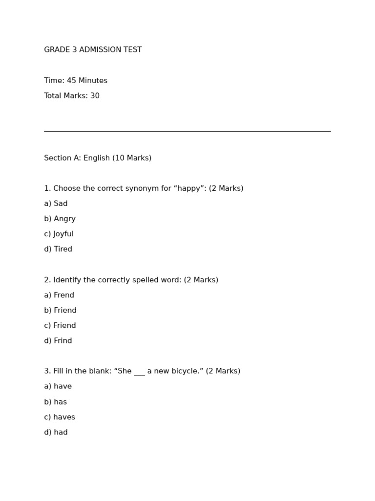 Grade 3 Admission Test Pdf