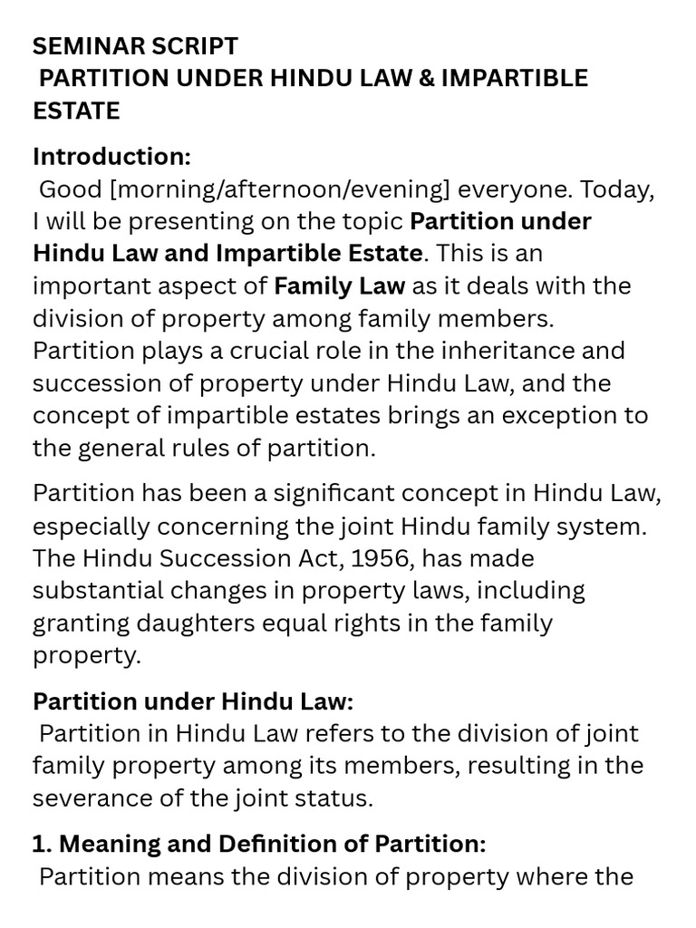 Seminar Script Partition Under Hindu Law & Impartible Estate | PDF | Property | Inheritance