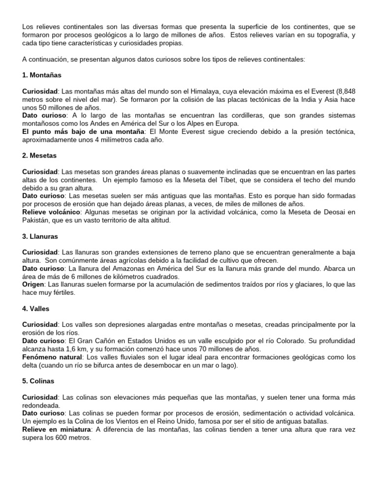 Tipos de Relieves Continentales y Curiosidades | PDF | Montañas | Meseta