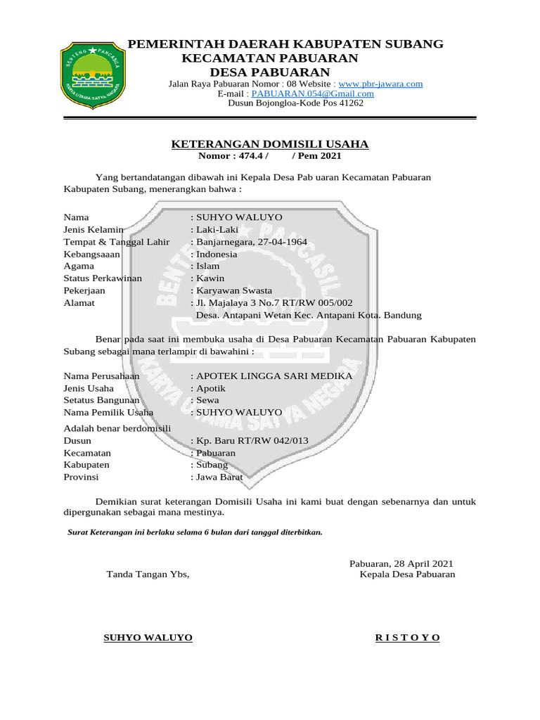 Surat Keterangan Domisili Apotek Subang | PDF