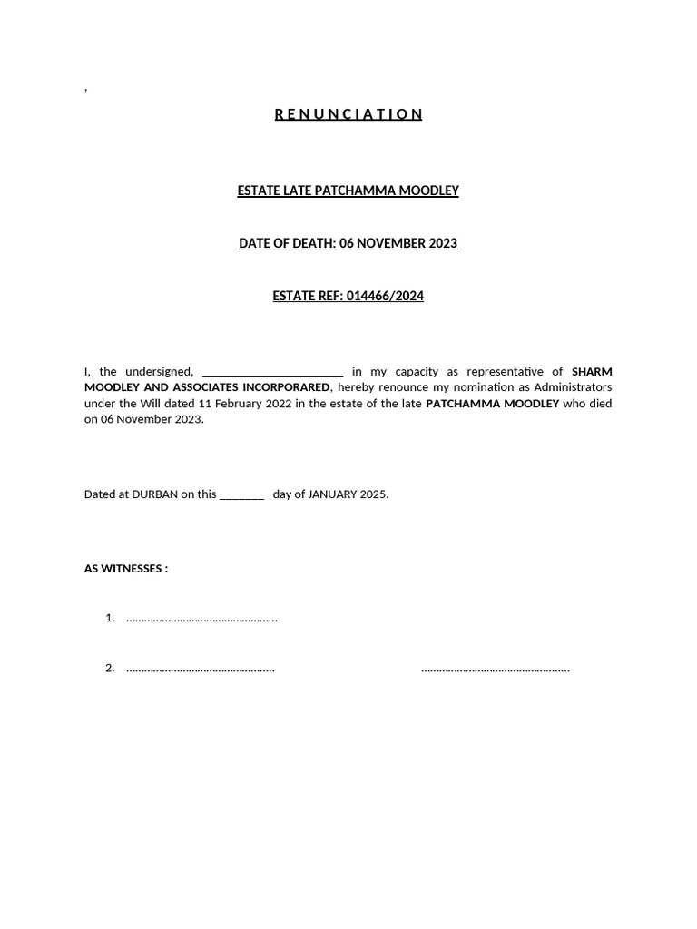Renunciation of Estate for Patchamma Moodley | PDF