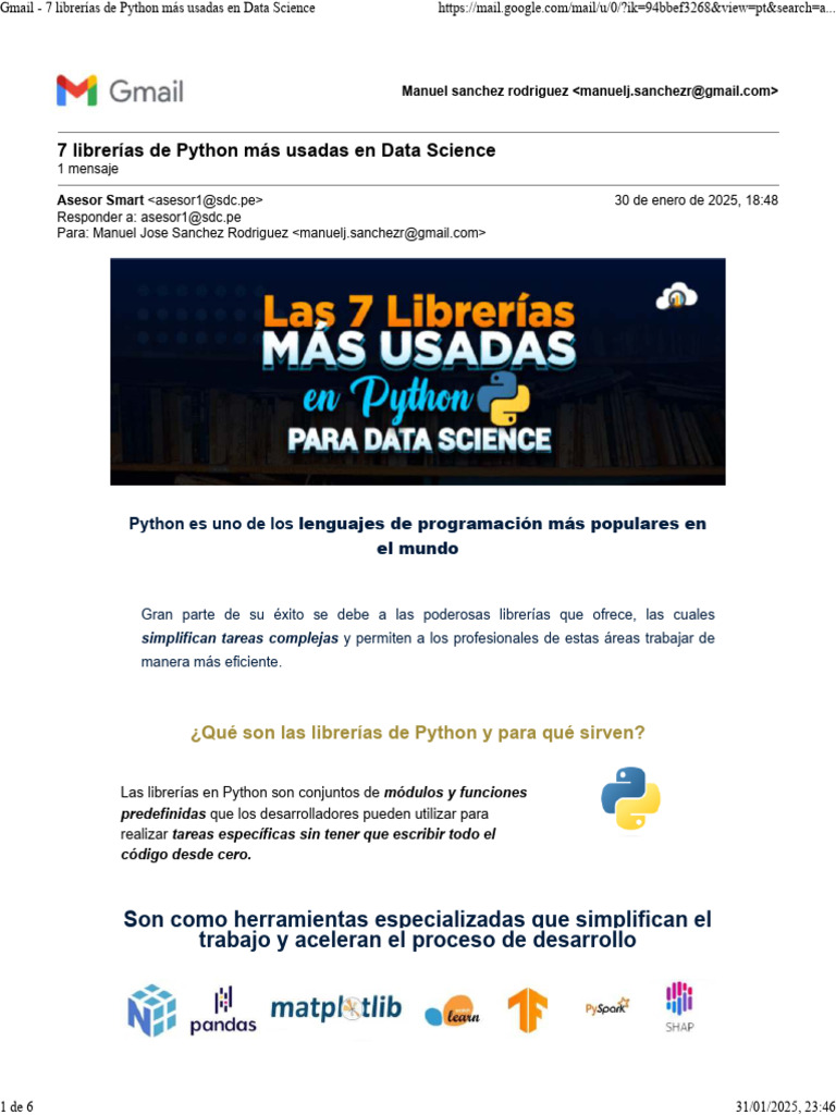 Gmail - 7 Librerías de Python Más Usadas en Data Science | PDF | Datos | Aprendizaje profundo