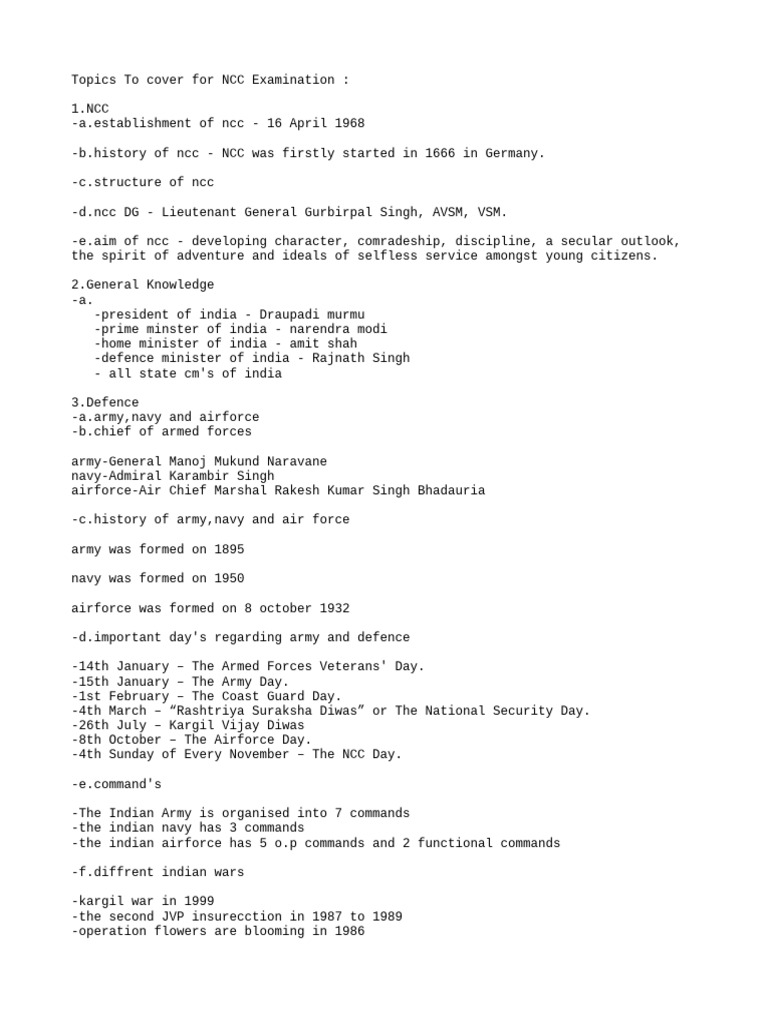 Topics To Cover For NCC Examination | PDF