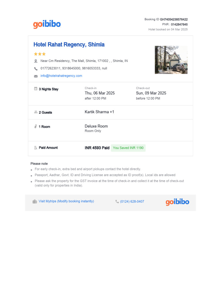 Hotel Rahat Regency Booking Details | PDF