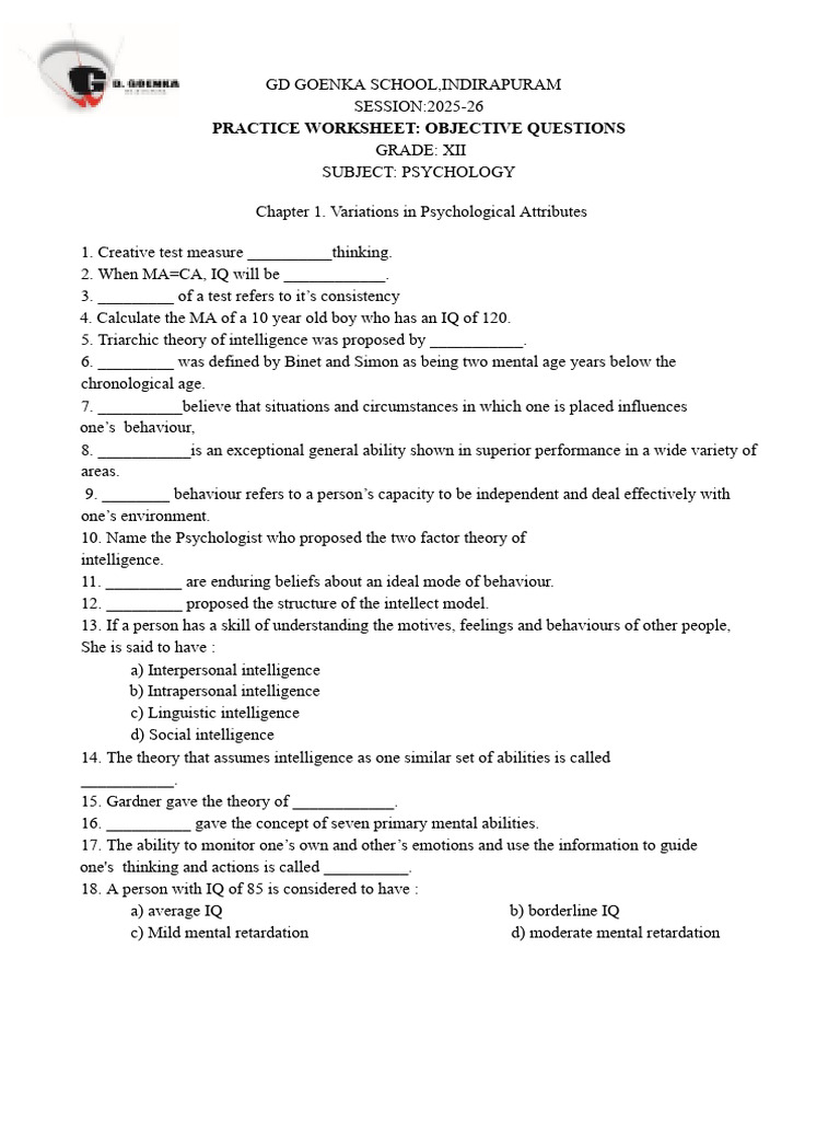 QB Psychology CH 1, Grade 12 | PDF | Intelligence | Intelligence Quotient