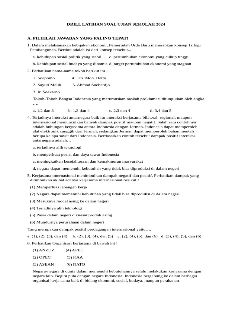 Drill Latihan Soal Ujian Sekolah 2024 | PDF