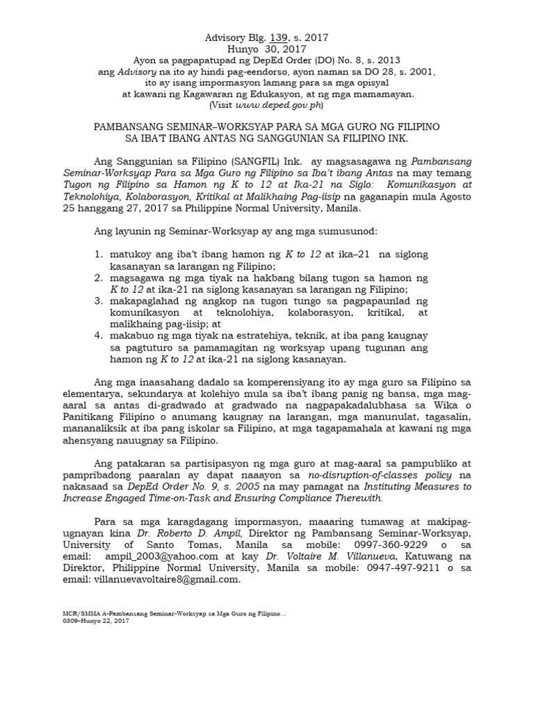Advisory WWW - Deped.gov - PH: MCR/SMMA A-Pambansang Seminar-Worksyap ...