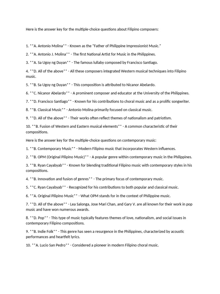 Answer Key For The Multiple Choice Contemporary Composers and Music | PDF
