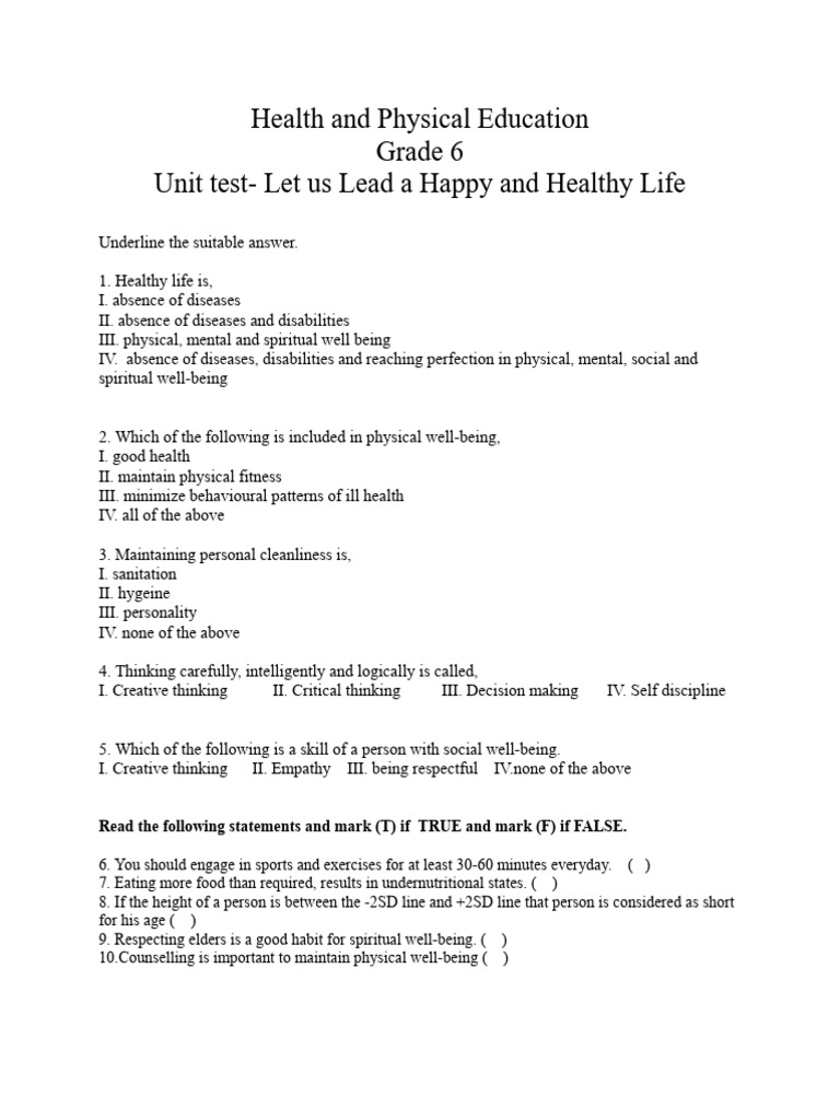 Grade 6 Health Unit Test: Well-being Focus | PDF | Well Being | Body ...