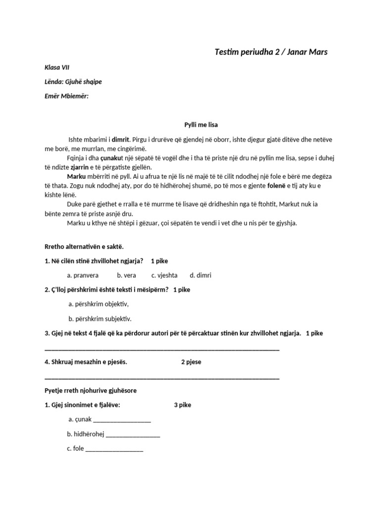 Teste Gjuha Shqipe 5 | PDF