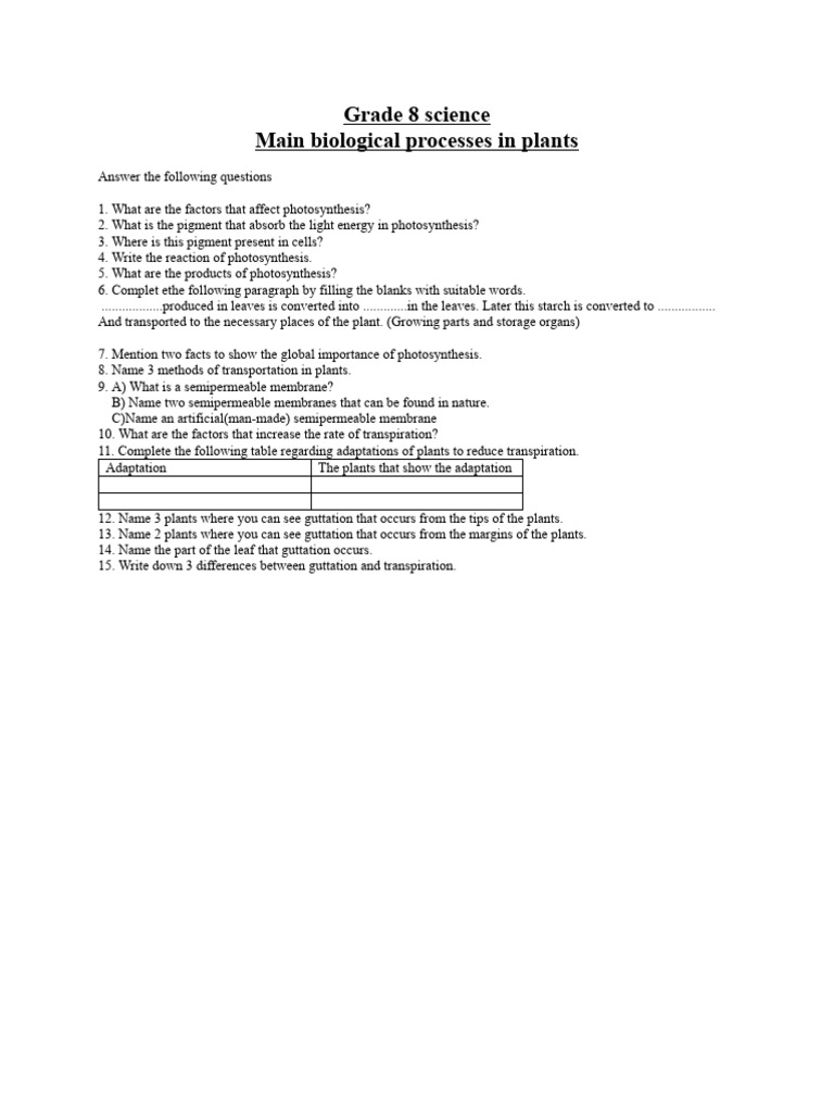 Grade 8 Science Main Biological Processes in Plants | PDF
