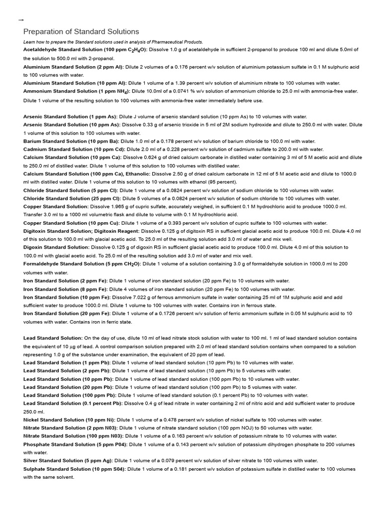 Preparation Of Standard Solutions Pdf Mass Concentration Chemistry
