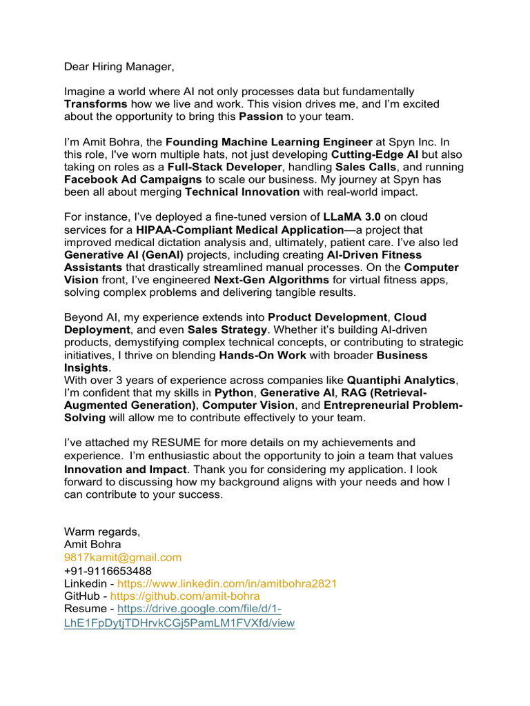 Cover Letter Amit Bohra Machine Learning | PDF