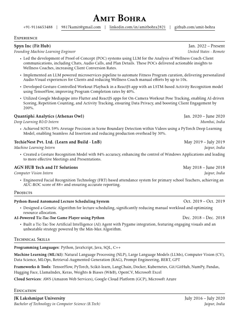 Amit Bohra Resume 19 May 2024 | PDF | Artificial Intelligence | Intelligence (AI) & Semantics