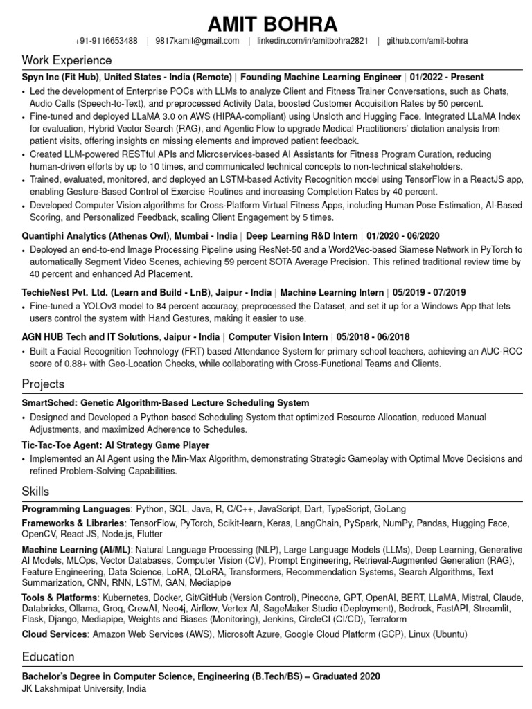 Amit Bohra Machine Learning Resume-1 | PDF | Artificial Intelligence | Intelligence (AI) & Semantics