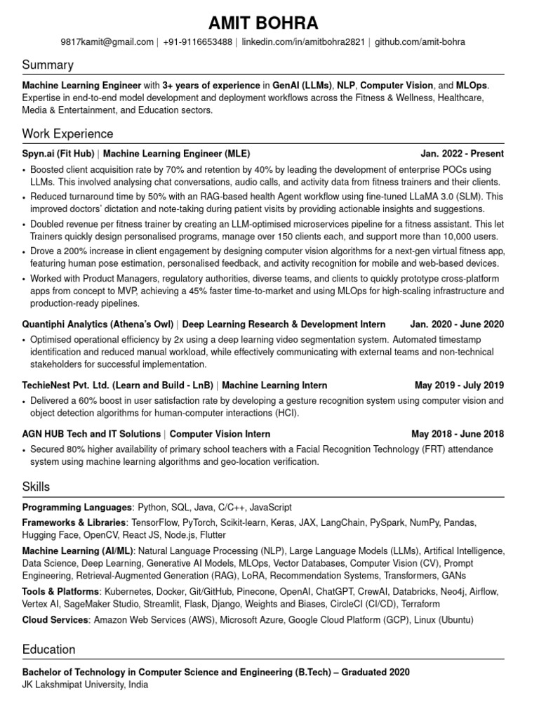 Impact Amit Bohra Machine Learning Resume | PDF | Machine Learning | Artificial Intelligence