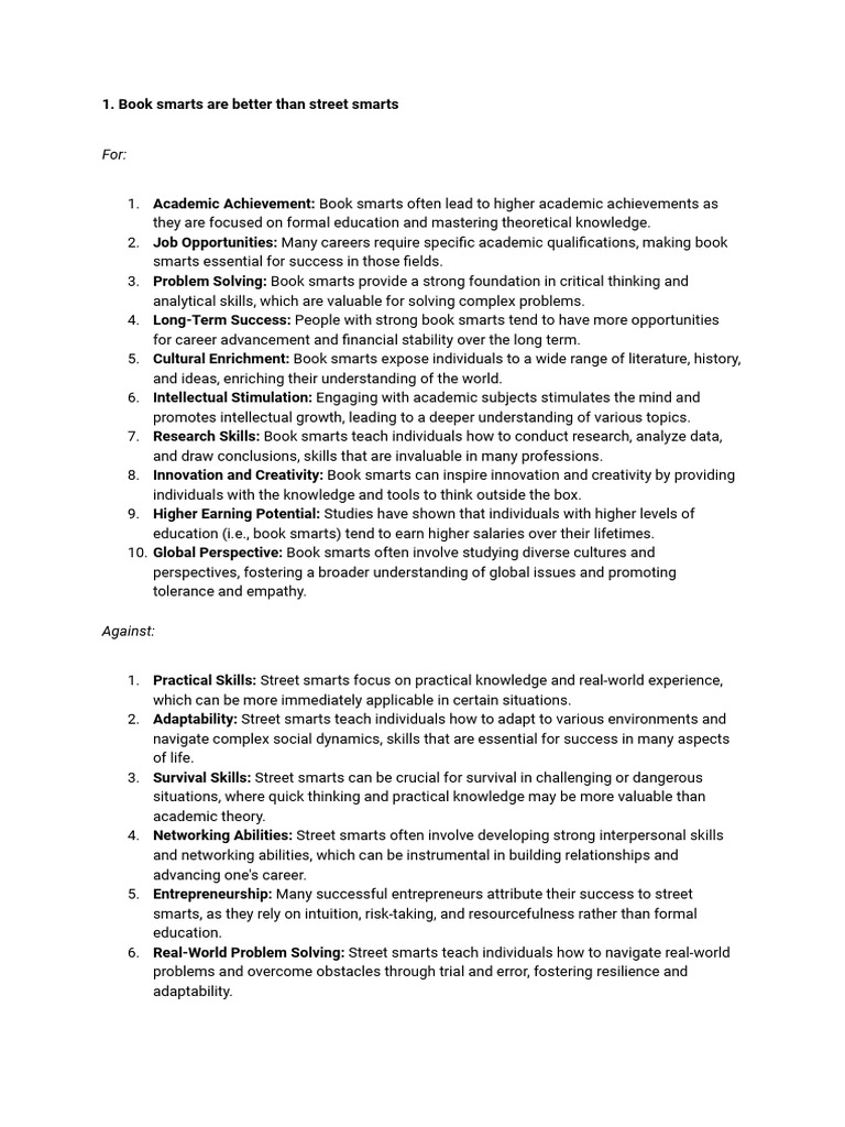 Book Smarts vs. Street Smarts: A Comparison | PDF | Freedom Of Speech ...