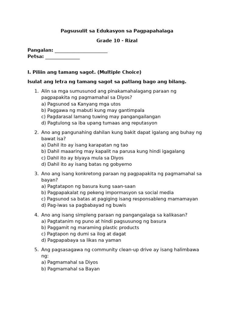 Pagsusulit Sa Edukasyon Sa Pagpapahalaga | PDF